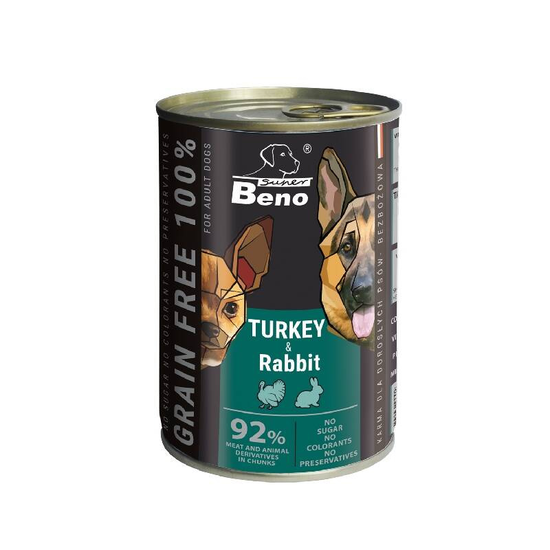 Super Beno Mokra karma dla psa bezzbożowe kąski z indykiem i królikiem w sosie zestaw 10 x 415 g ...